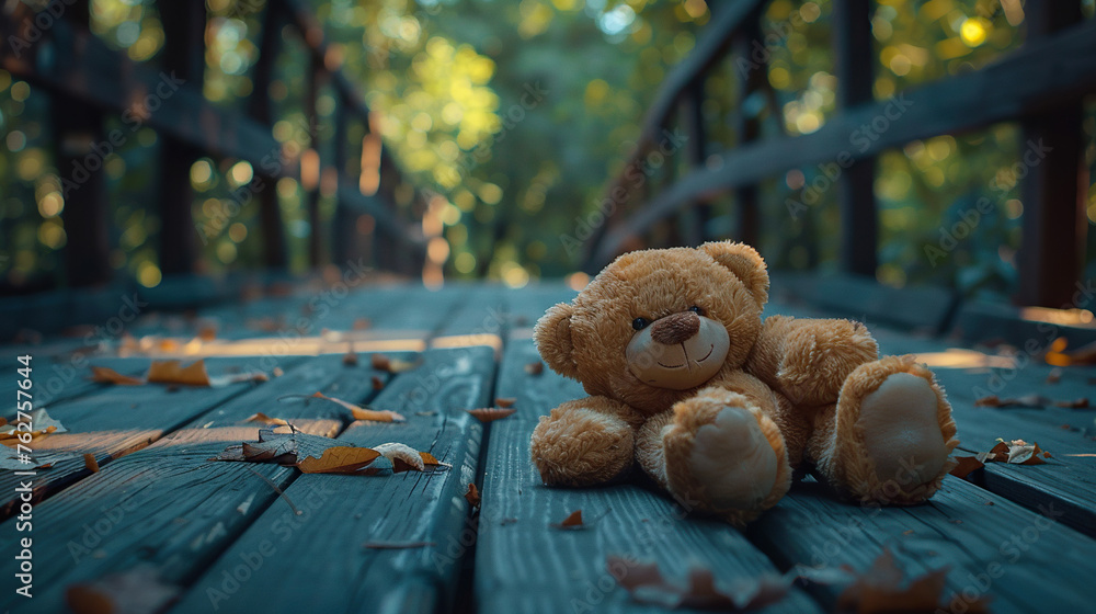 Lost Teddy bear with sad face lying on a bridge with blurry background ...