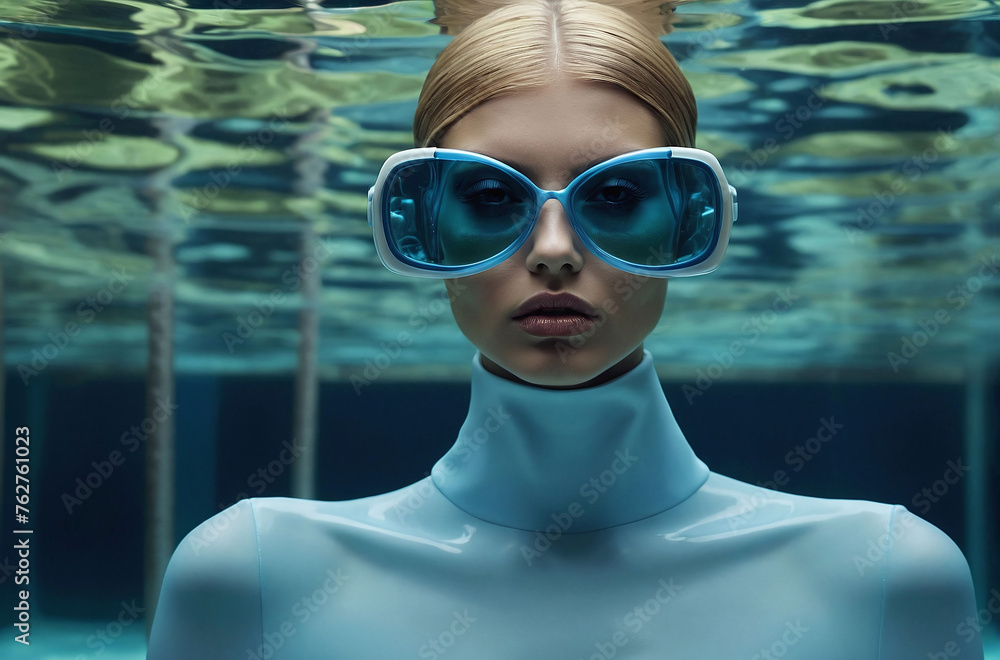 Beautiful female model poses in a pool underwater in a trendy blue ...