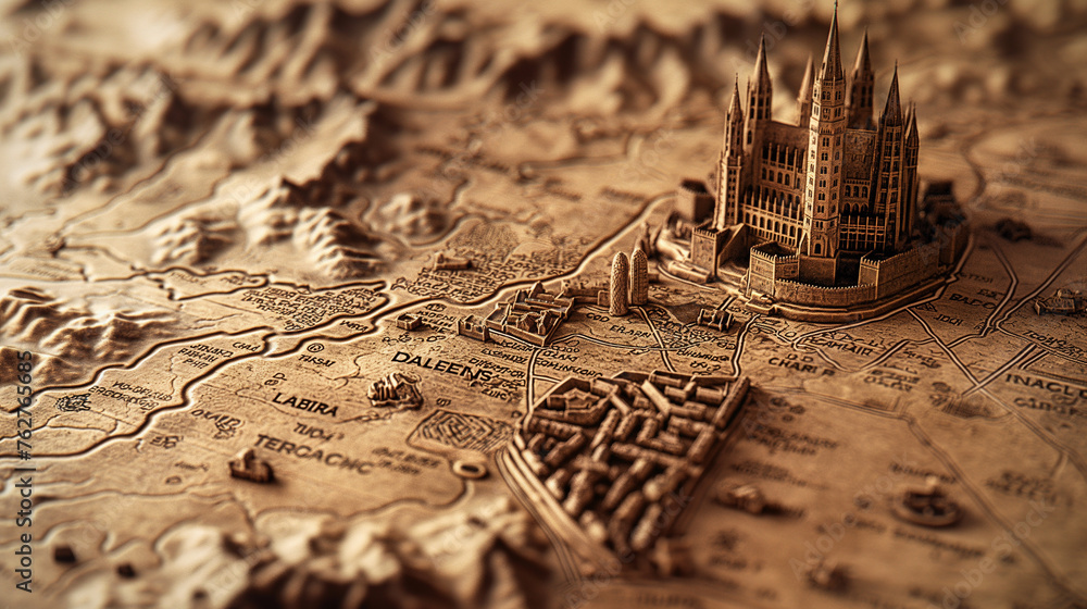 Detailed Fantasy Map, Three-Dimensional Landscape, Adventure Game World ...