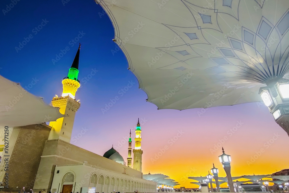 Courtyard of the Al Haram or Al-Masjid an-Nabawi mosque in Medina Saudi ...