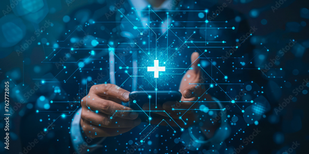 "HEALTHIT Rabat" symbol, a man in a blue suit displays a heart hologram ...