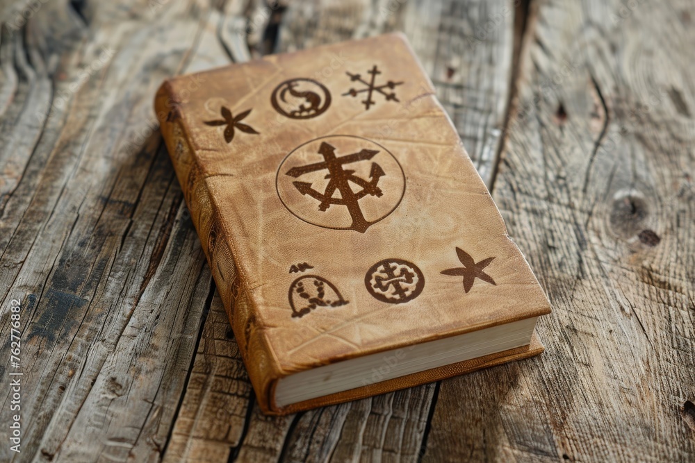 World religions book with religious symbols printed on wooden table ...