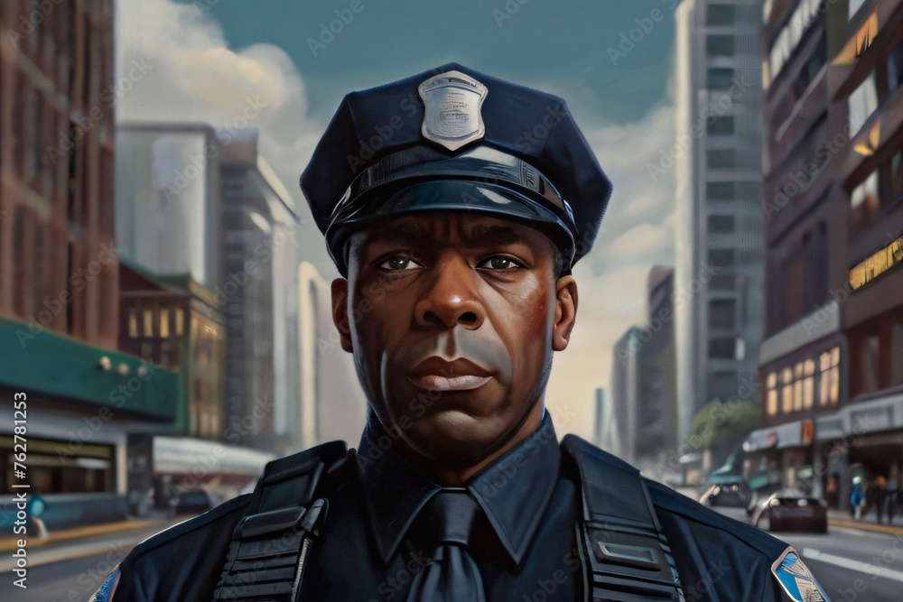 Portrait of an adult male Afro American police officer in uniform ...