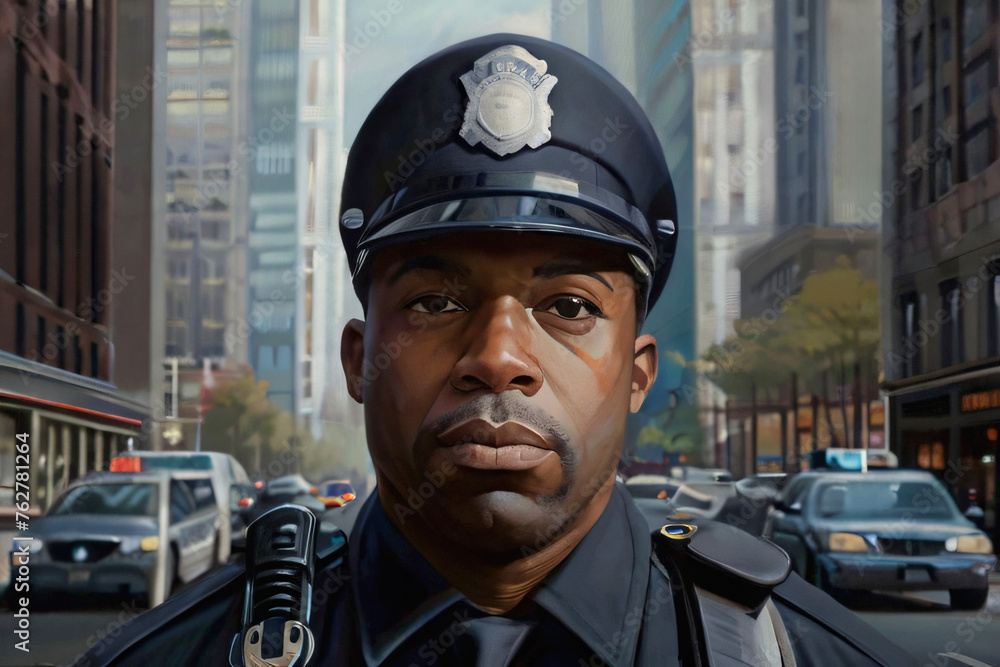 Portrait of an adult male Afro American police officer in uniform ...