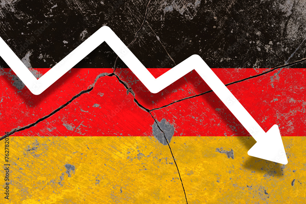 Crisis in Germany. Falling chart near national flag. Cracked symbol of ...