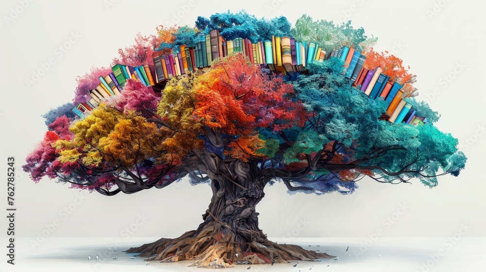 A magnificent tree with leaves made from colorful books represents the ...