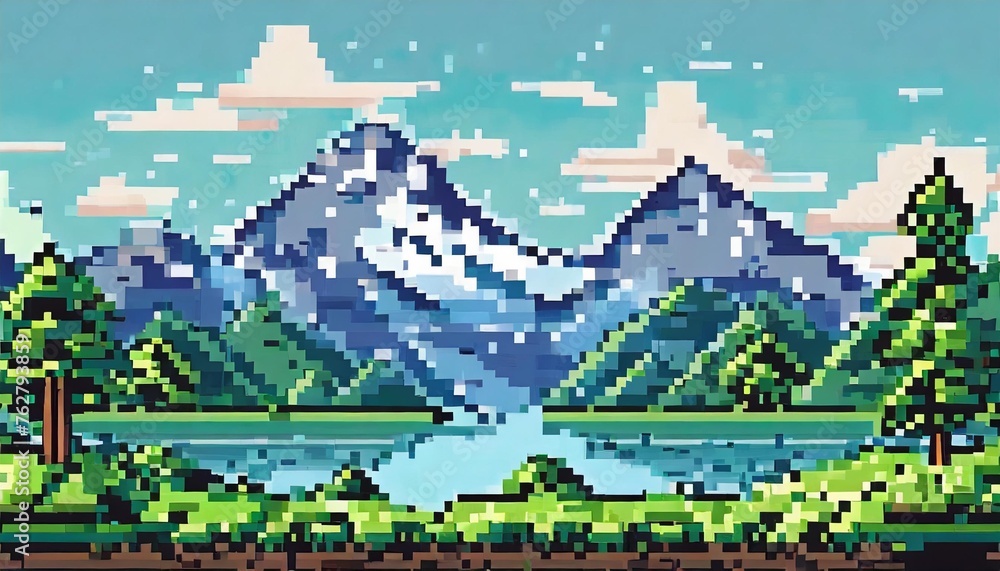 video game background landscape with mountains and forests in 16 bit pixels retro video arcade ...