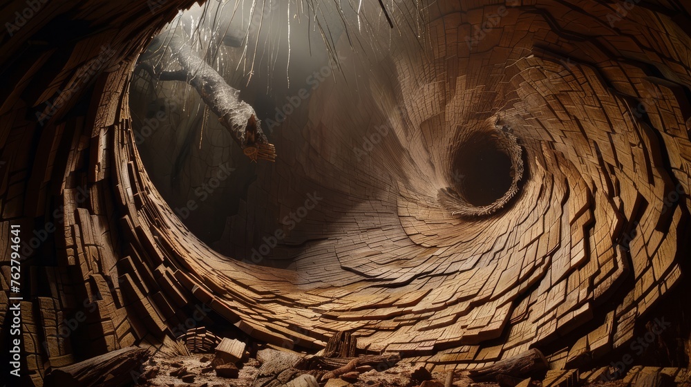 the inside of a wooden structure with a tree branch sticking out of the ...