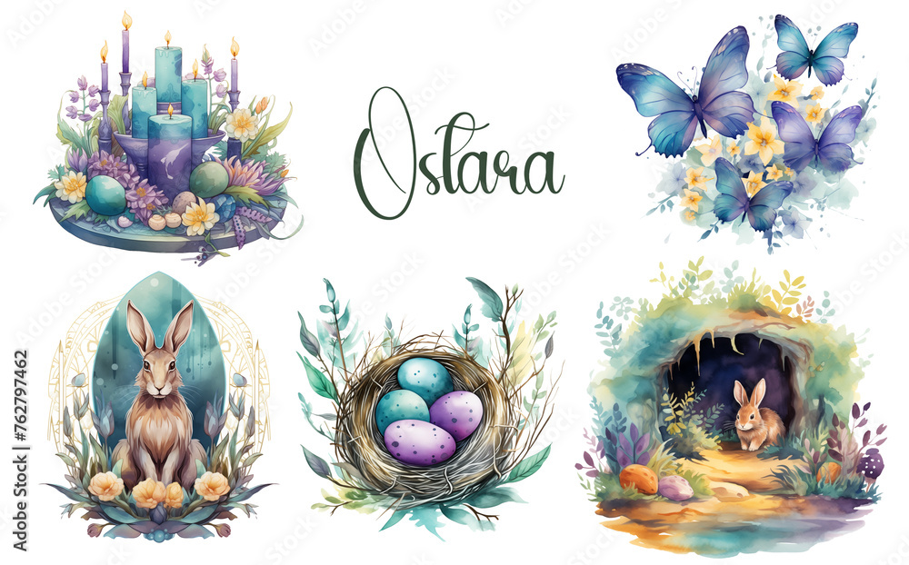 Green and purple Set of Ostara Wiccan watercolor illustrations. Spring ...