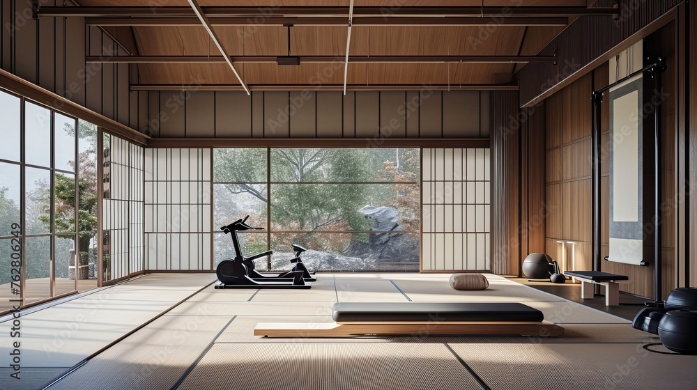 Japandi home gym with minimalist equipment, tatami flooring, and shoji ...