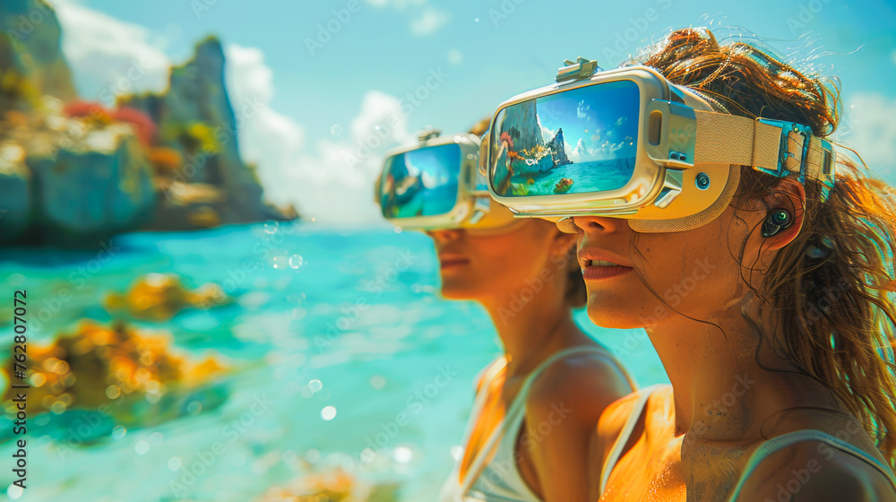 Two beautiful female friends from Lysbyka on a trip wearing virtual ...