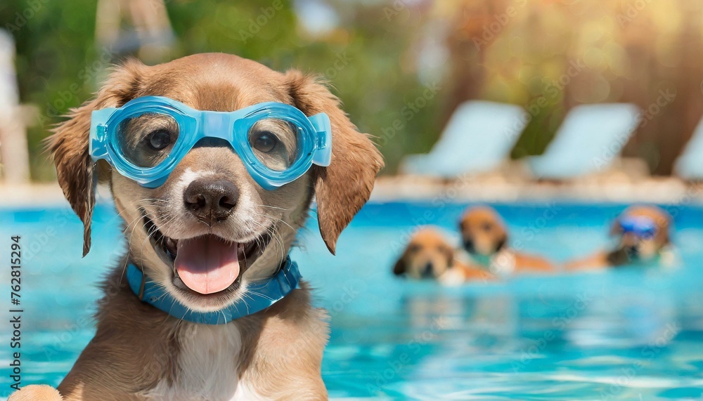 Happy puppy wearing goggles at a pool party. Funny and Cute Animal ...