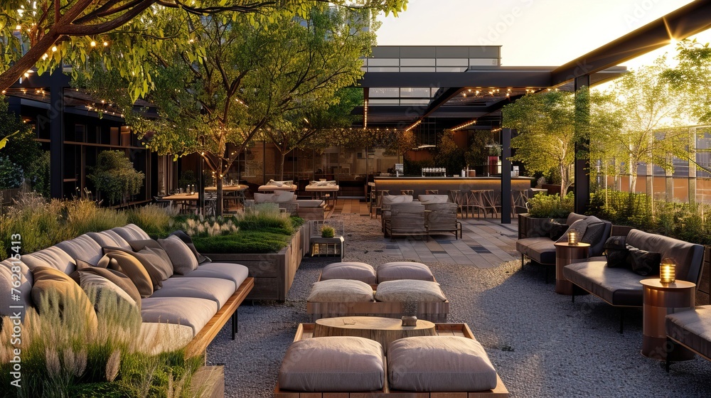 Japandi Rooftop Lounge Rooftop lounge with Japanese gar Stock ...