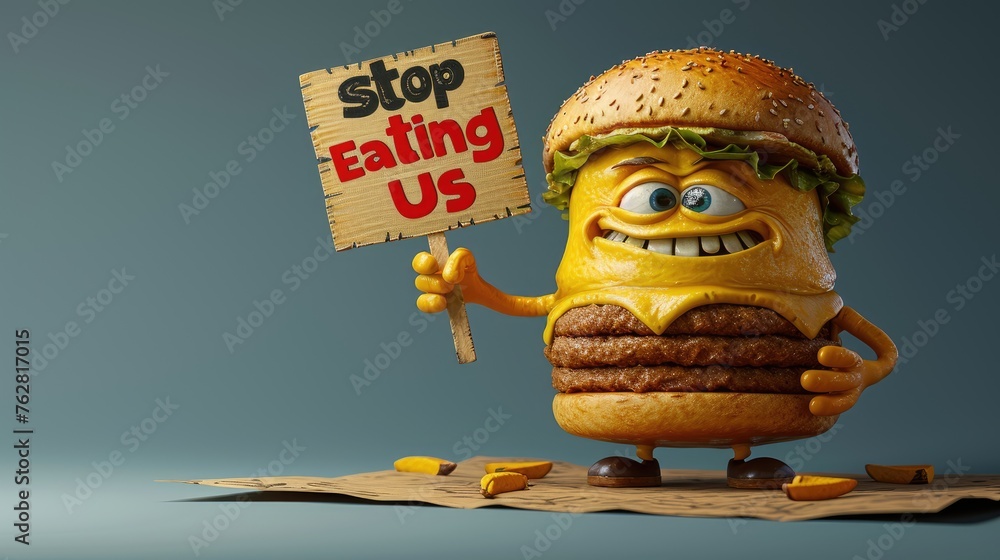 Whimsical plea: cartoon characters, fast food holding a sign 'Stop ...