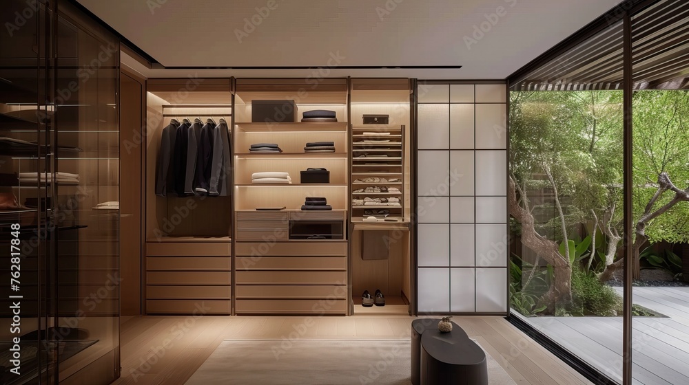 Japandi walk-in closet with low-profile storage, sliding doors, and ...