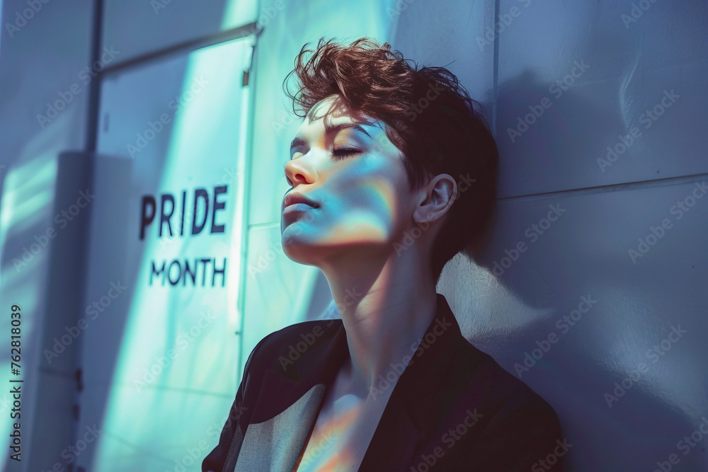 Non-binary gender person posing against wall with eyes closed and ...
