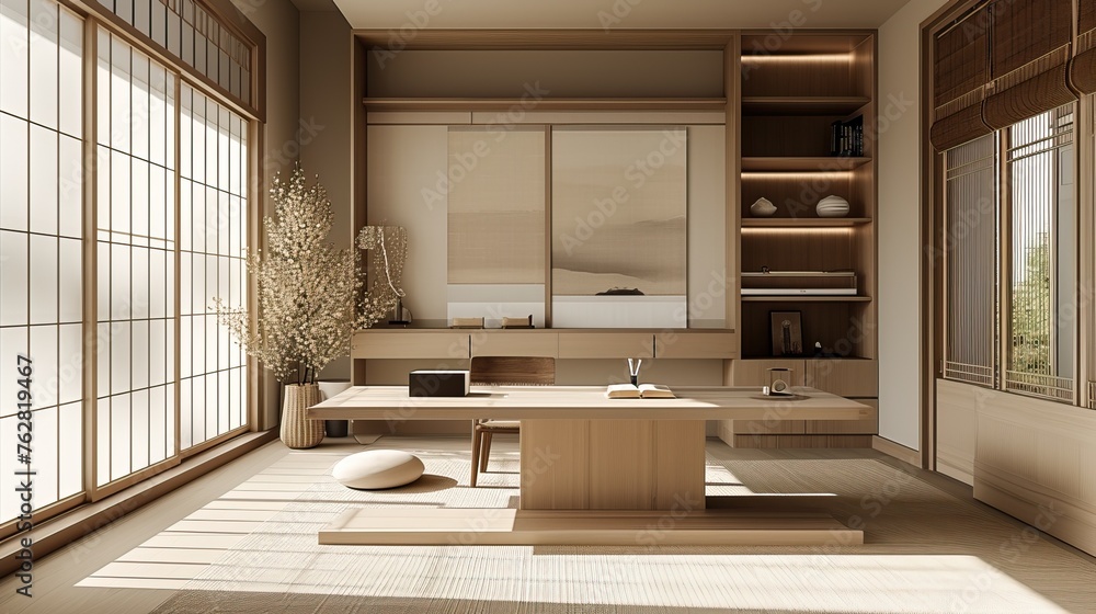Japandi inspired home office with a low desk sliding Stock Illustration ...