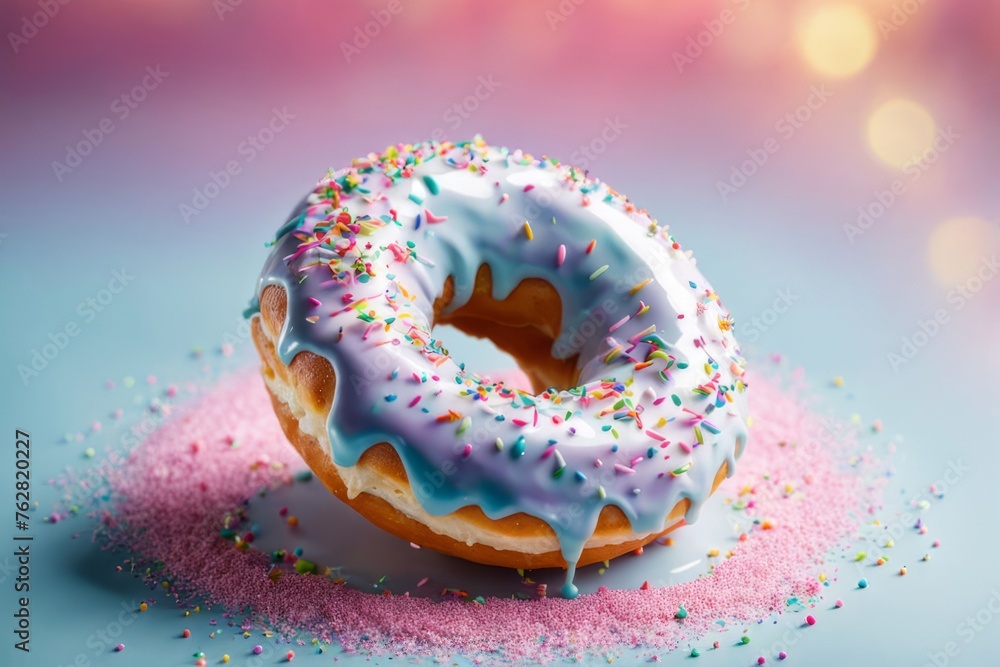 Colorful donut covered in sprinkles, set against vibrant pink ...