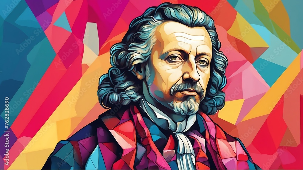 Robert hooke portrait colorful geometric shapes background. Digital painting. Vector ...