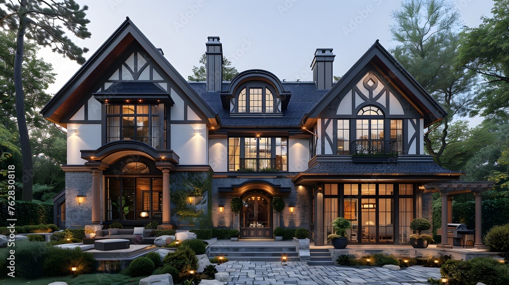 a white Tudor-style house exterior, with half-timbered facades, steep ...