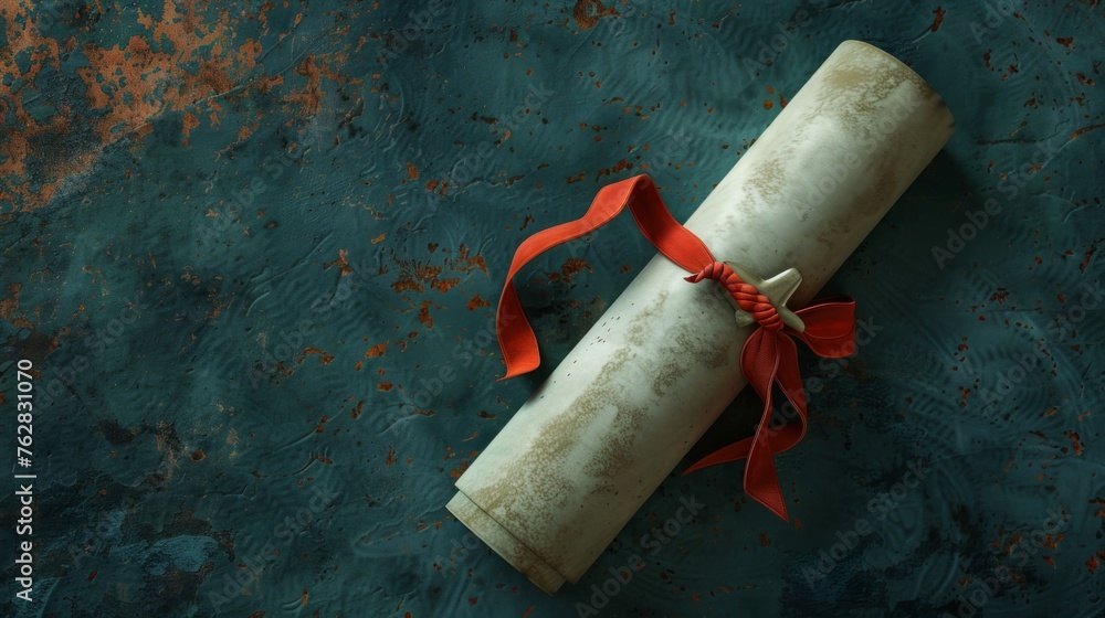 A diploma scroll, elegantly bound with a red ribbon, processed to ...