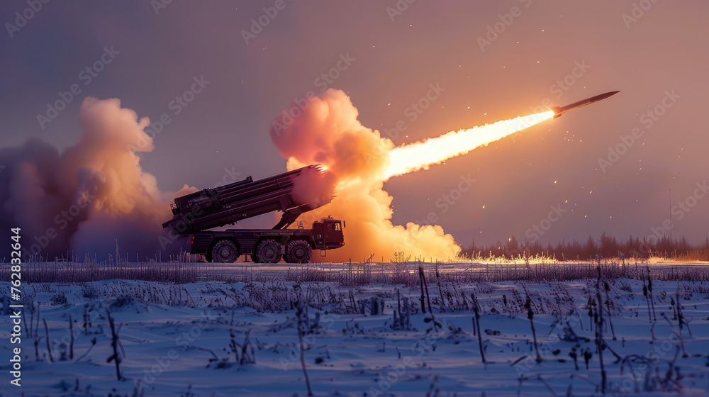 A missile is being launched from batteries to rise into the sky, with ...
