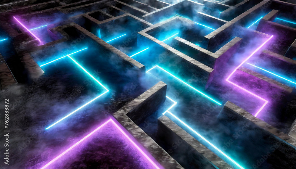 Horizontal High-Resolution Photo of a Glowing Blue and Purple Neon Maze ...