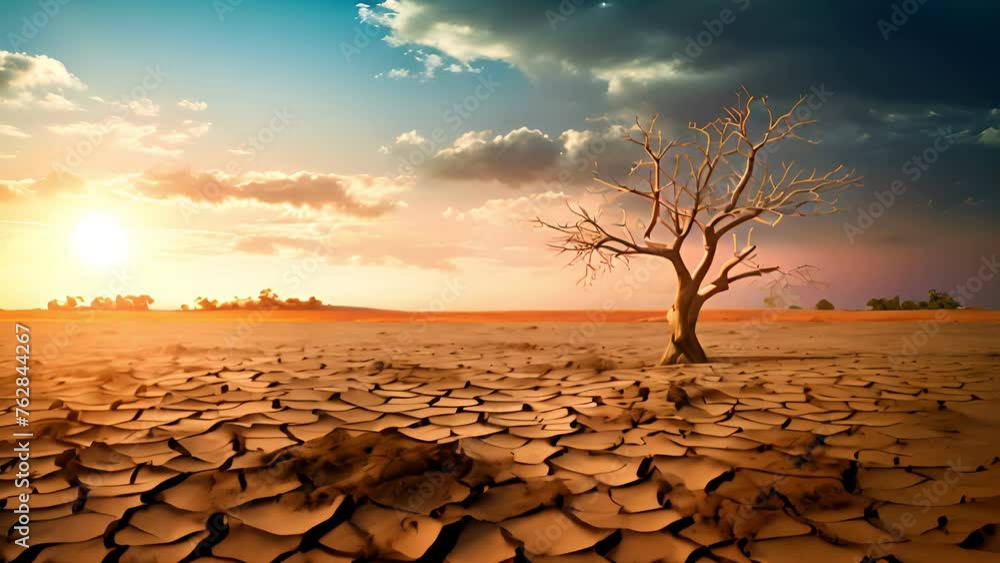 land with dead tree and sky in background a concept of global warming ...