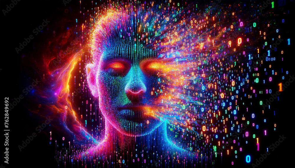 A face is seamlessly transforming into digital binary code, 1s and 0s ...