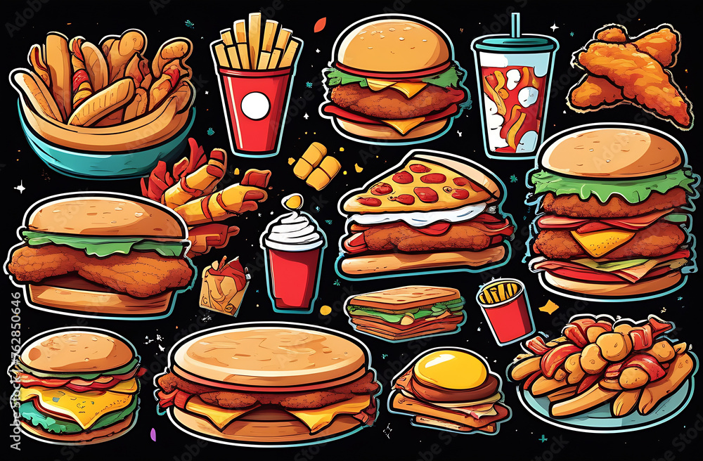 All Fast Food collection set, isolated on white background. Fried ...