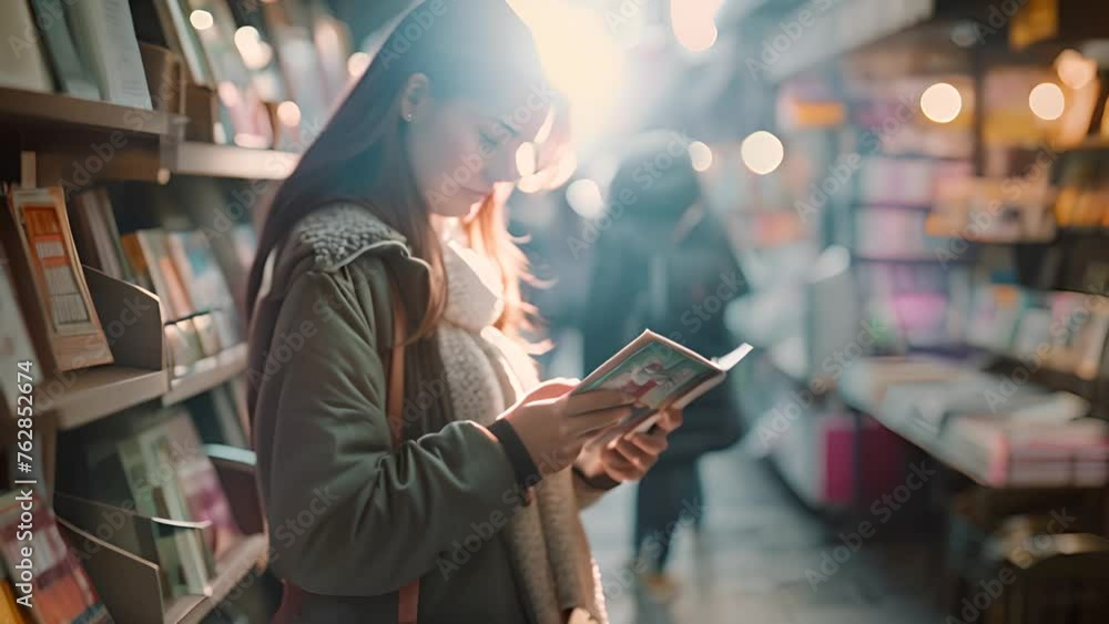 Young Woman Browsing Books in a Cozy Bookstore with Ai generated. Stock ...