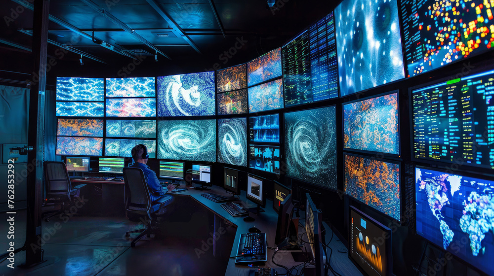 Data Analyst In A Dark Room Monitoring Multiple Data Streams And