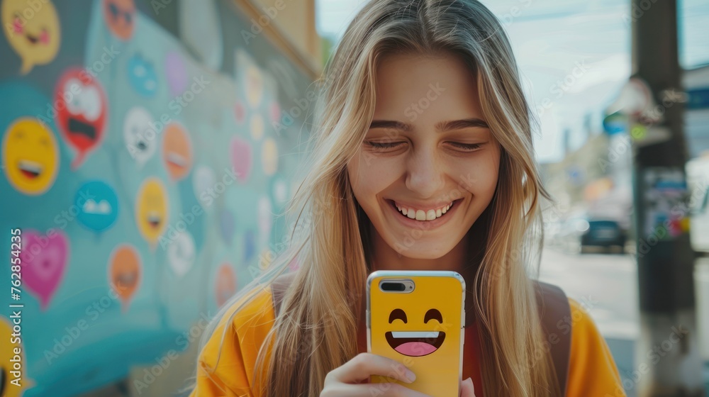 A beautiful young woman blogger, vlogger or influencer is receiving ...