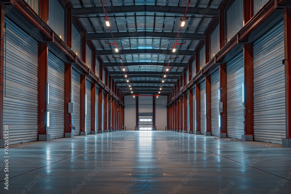 Modern industrial warehouse interior with rows of storage units and a ...