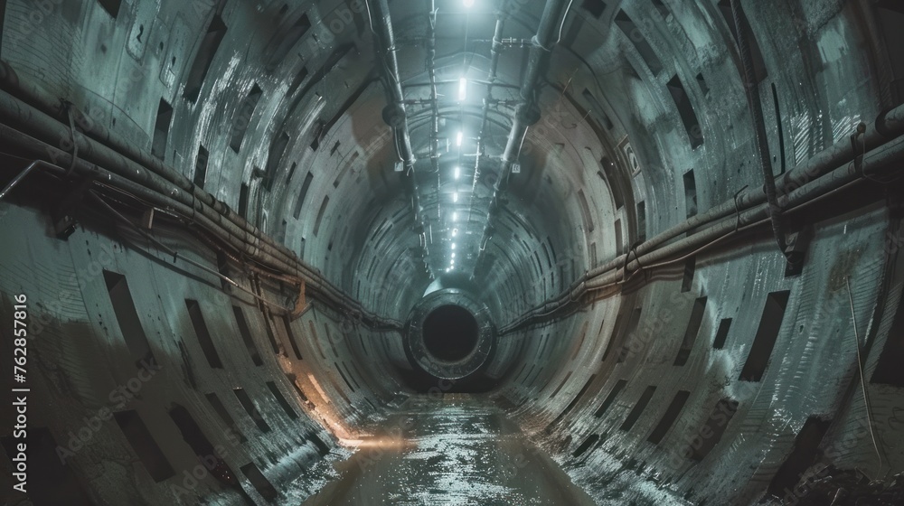 Round concrete elements or segment of a built subway tunnel under ...
