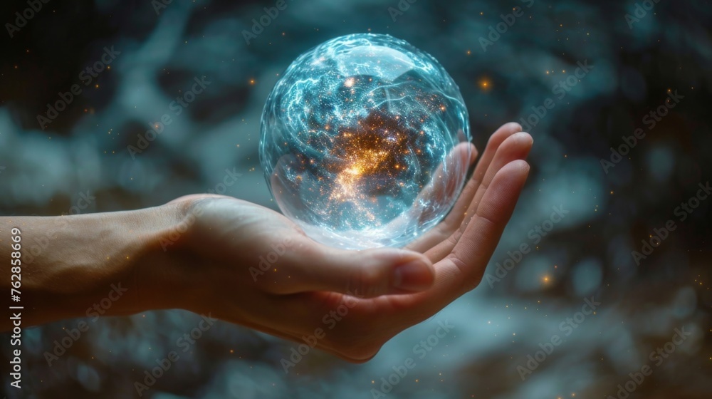 An outstretched hand reaching out to a shimmering ethereal orb ...