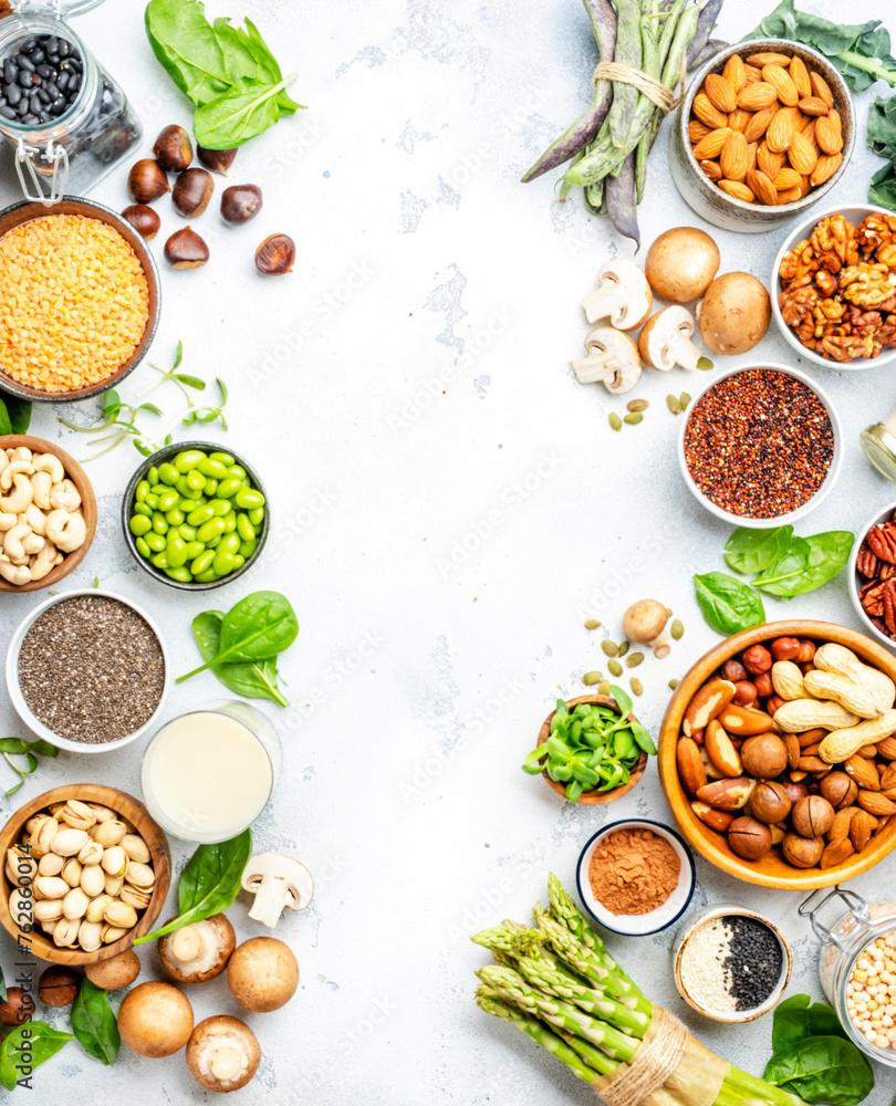 Vegan food background with empty space. Plant protein., vegetarian ...