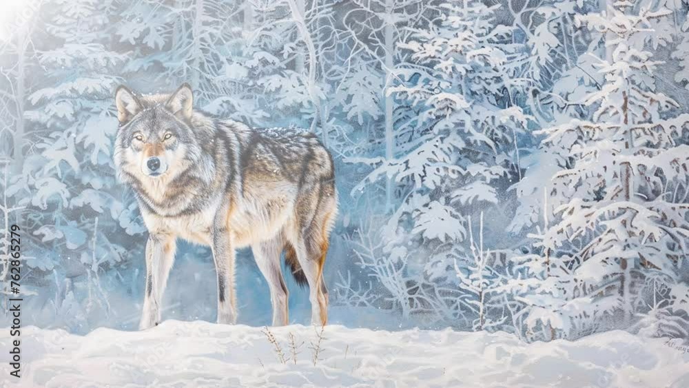 artwork featuring a majestic wolf standing proudly. seamless looping ...
