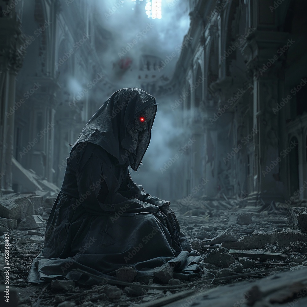 Malevolent nun with glowing red eyes in a derelict convent ...