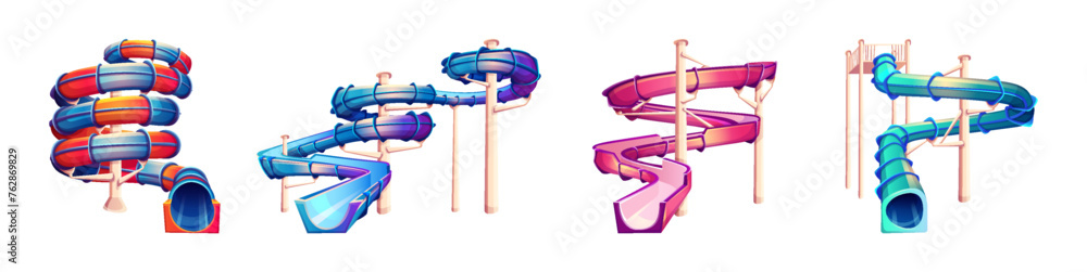 Waterslide and tubes color vector icon big set. Slides of different ...