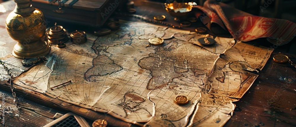 An ancient map spread out on a table, marked with the locations of long ...