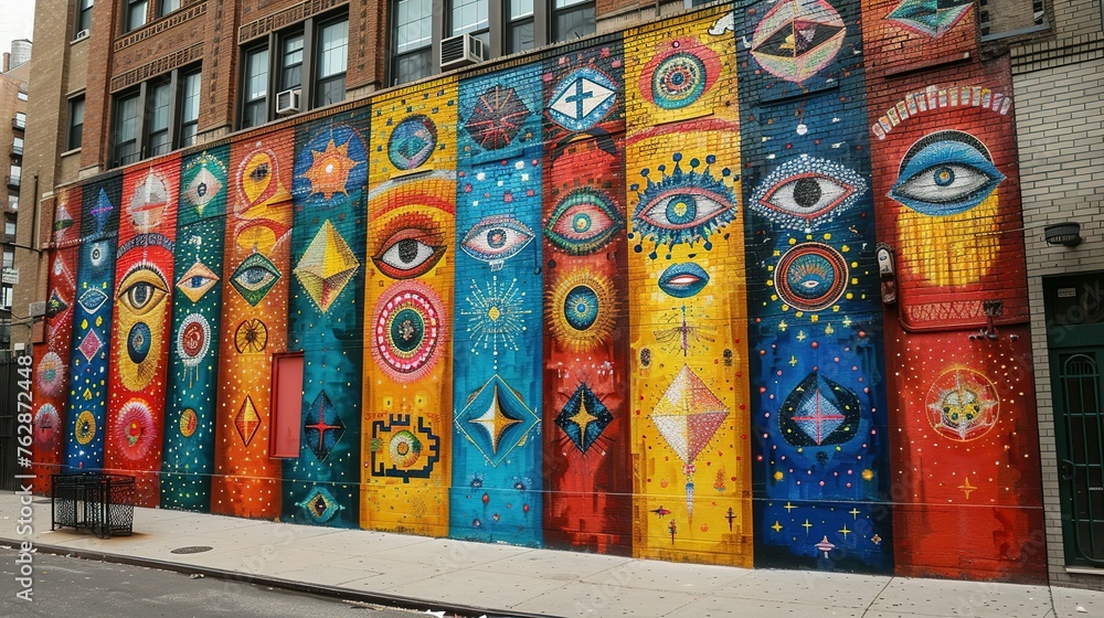 Show a mural wall that blends symbols from multiple religions into one ...