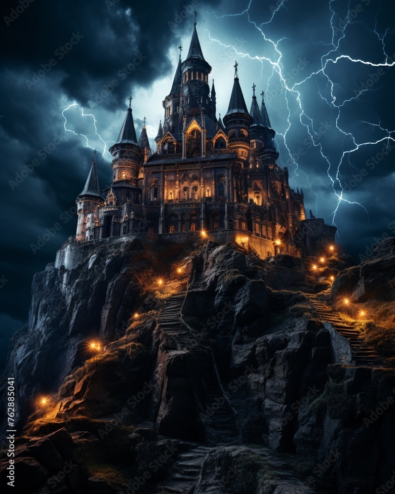 Gothic castle on a cliff during a thunderstorm Lightning illuminates ...