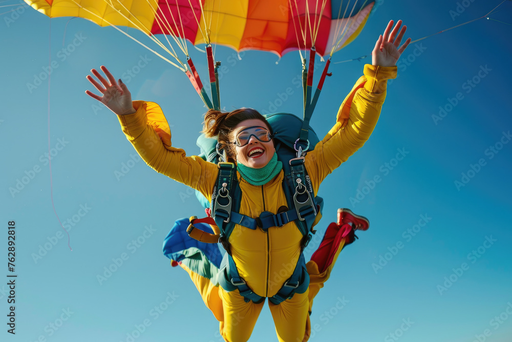 Portrait of a skydiver in a yellow suit with a blue backpack flying at ...