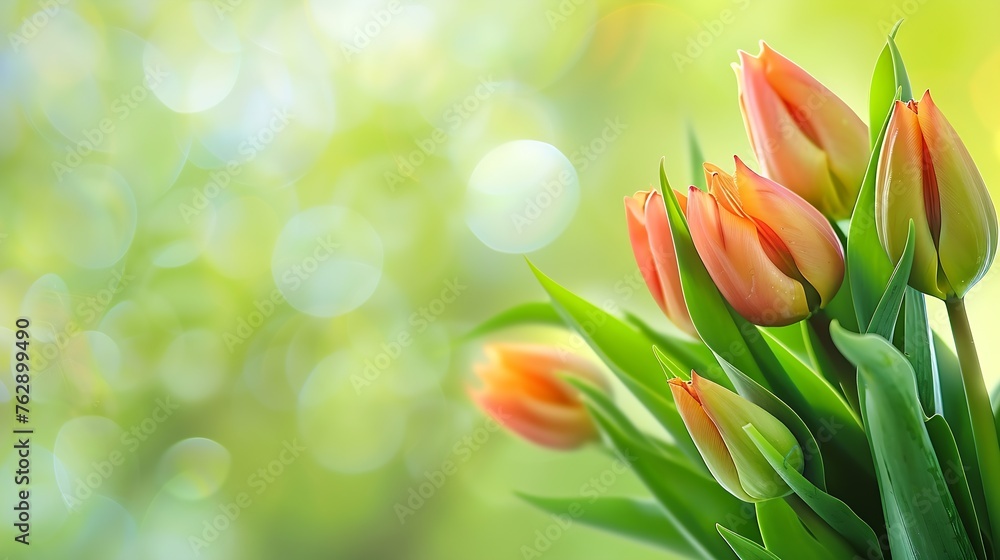 Close up buds of tulips with fresh green leaves at blur green ...