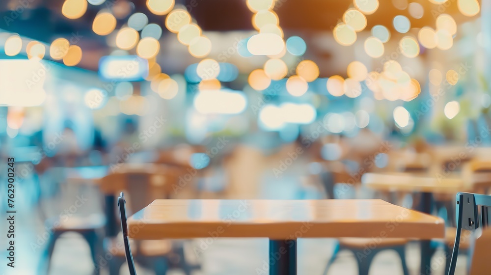 Blur bokeh background of interior table and chair in mall canteen Abstract bokeh of food ...