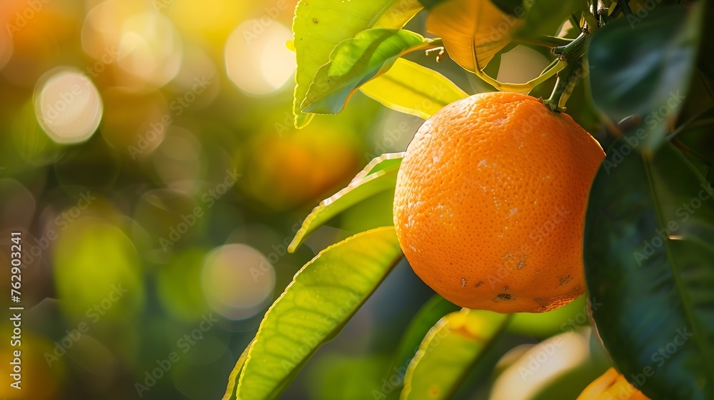 Closeup of a ripe orange on a tree orange tree Citrus x sinensis L with ...