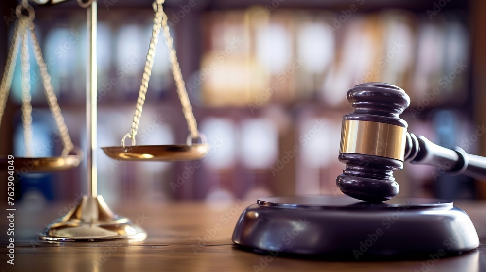 gavel wood on wooden table on blurred background of scales representing ...
