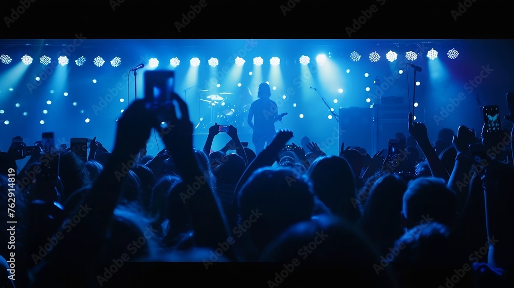 Vocalist in front of crowd on scene in stadium Bright stage lighting ...
