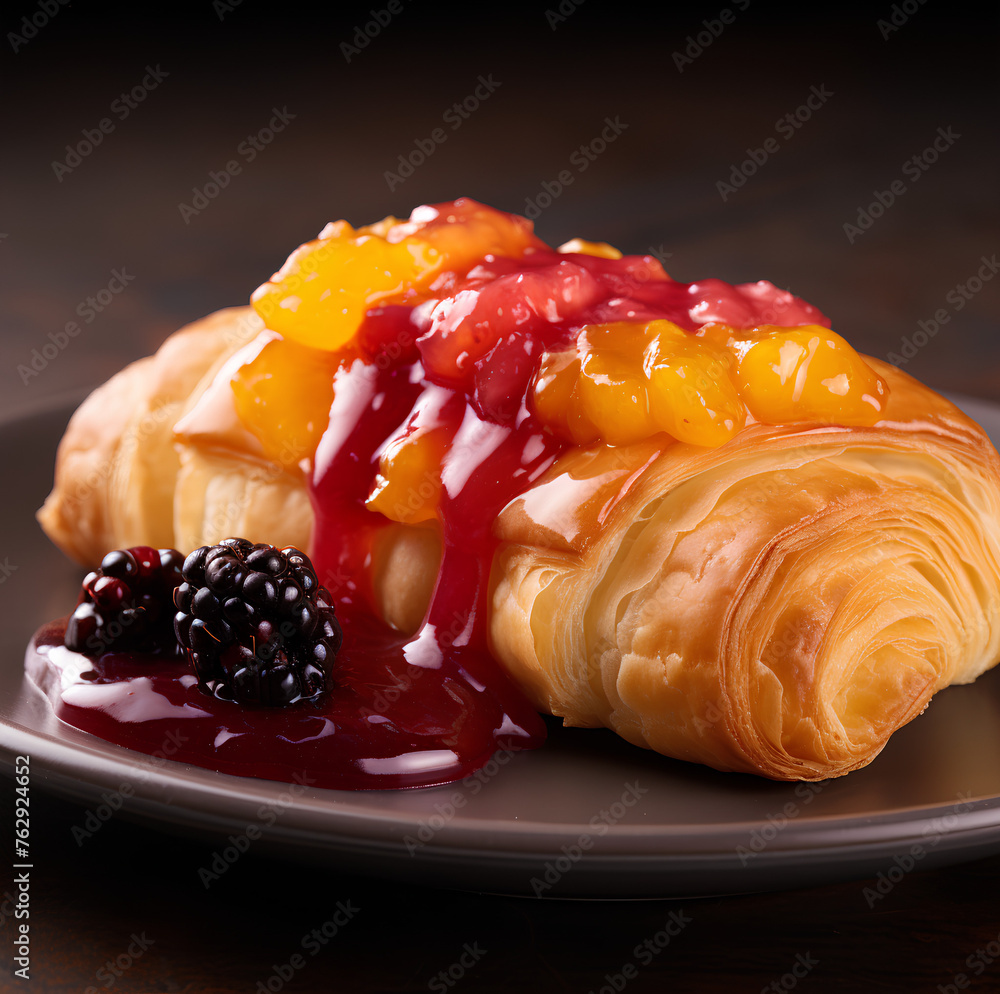 Famous French croissant with yummy look and toppings and fillings, puff ...